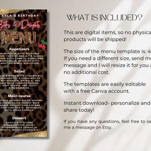 Cheetah Print Menu Template- Editable Leopard Cherry Birthday Food ...
