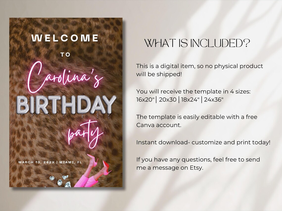 Cheetah Print Birthday Welcome Sign- Editable Leopard Pink Board, Girls ...