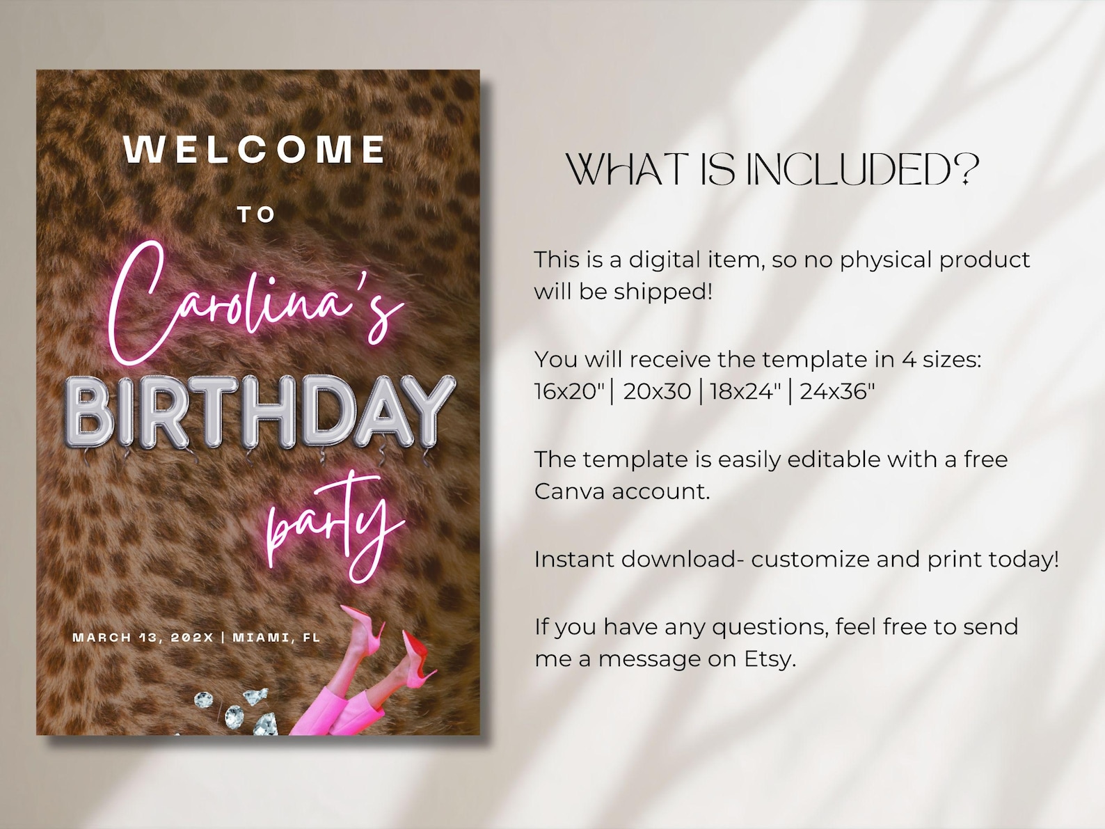 Cheetah Print Birthday Welcome Sign- Editable Leopard Pink Board, Girls ...