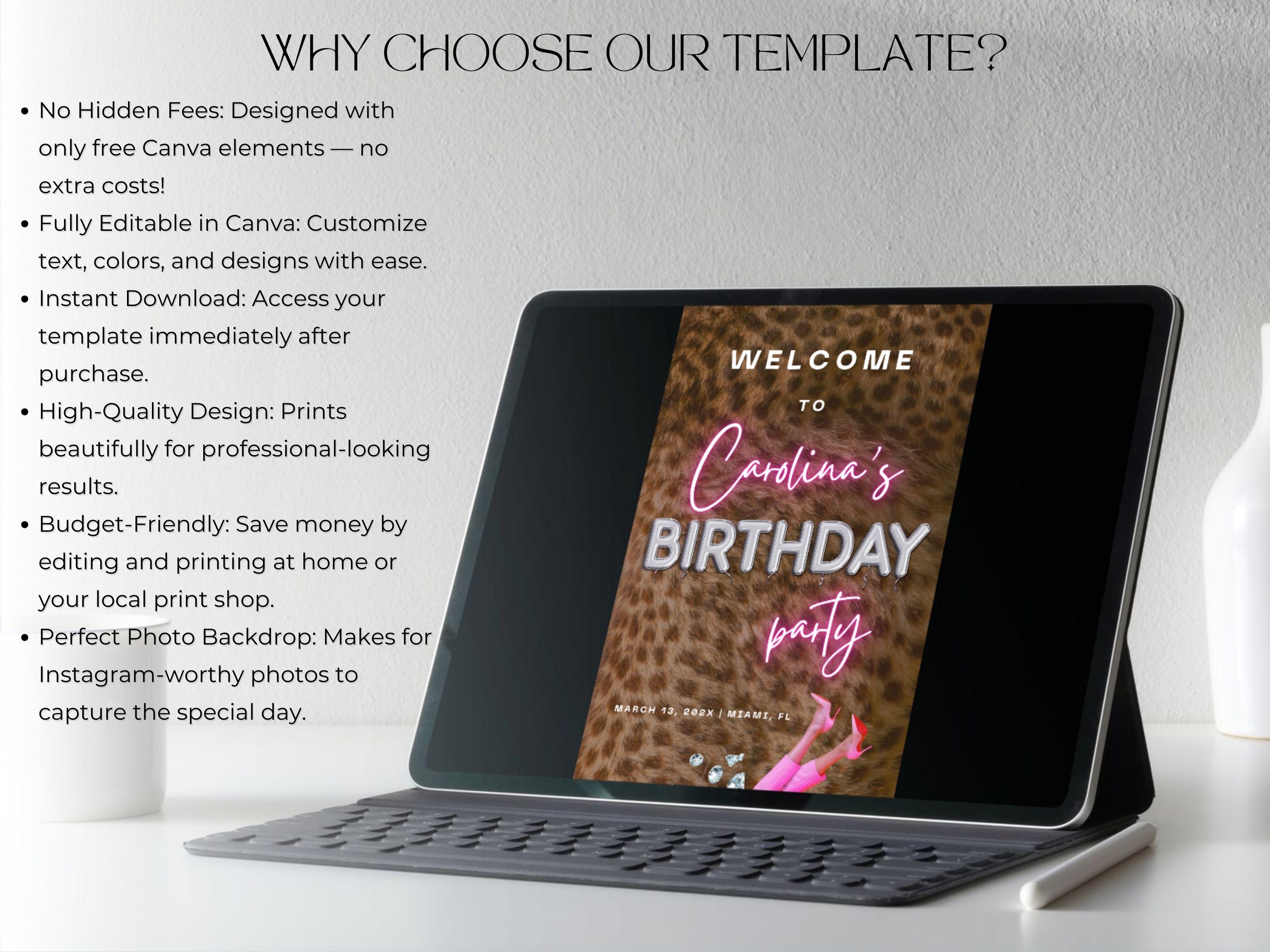 Cheetah Print Birthday Welcome Sign- Editable Leopard Pink Board, Girls ...
