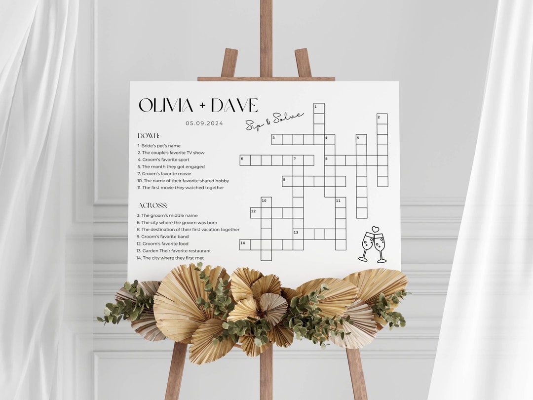 Sip and Solve Wedding Crossword Sign- Custom Bridal Shower Puzzle ...