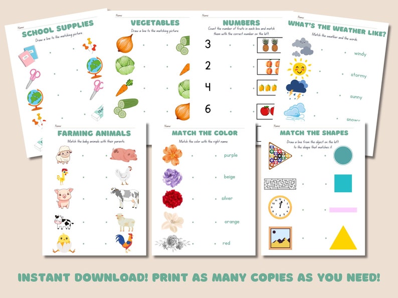 Printable Matching Worksheets- Kindergarten Preschool Activity, Pre-k ...