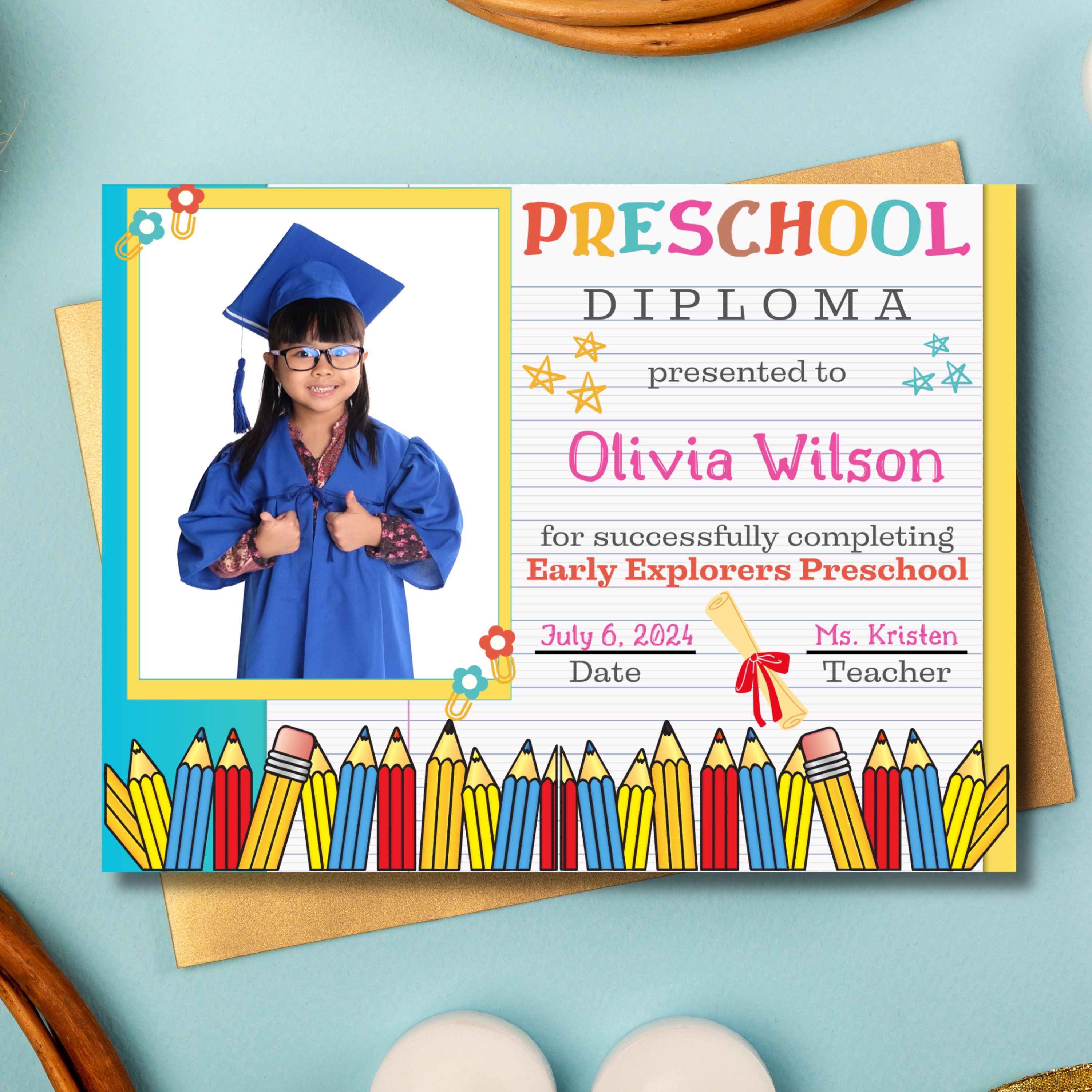 Editable Preschool Diploma With Photo- Printable Kids Graduation ...