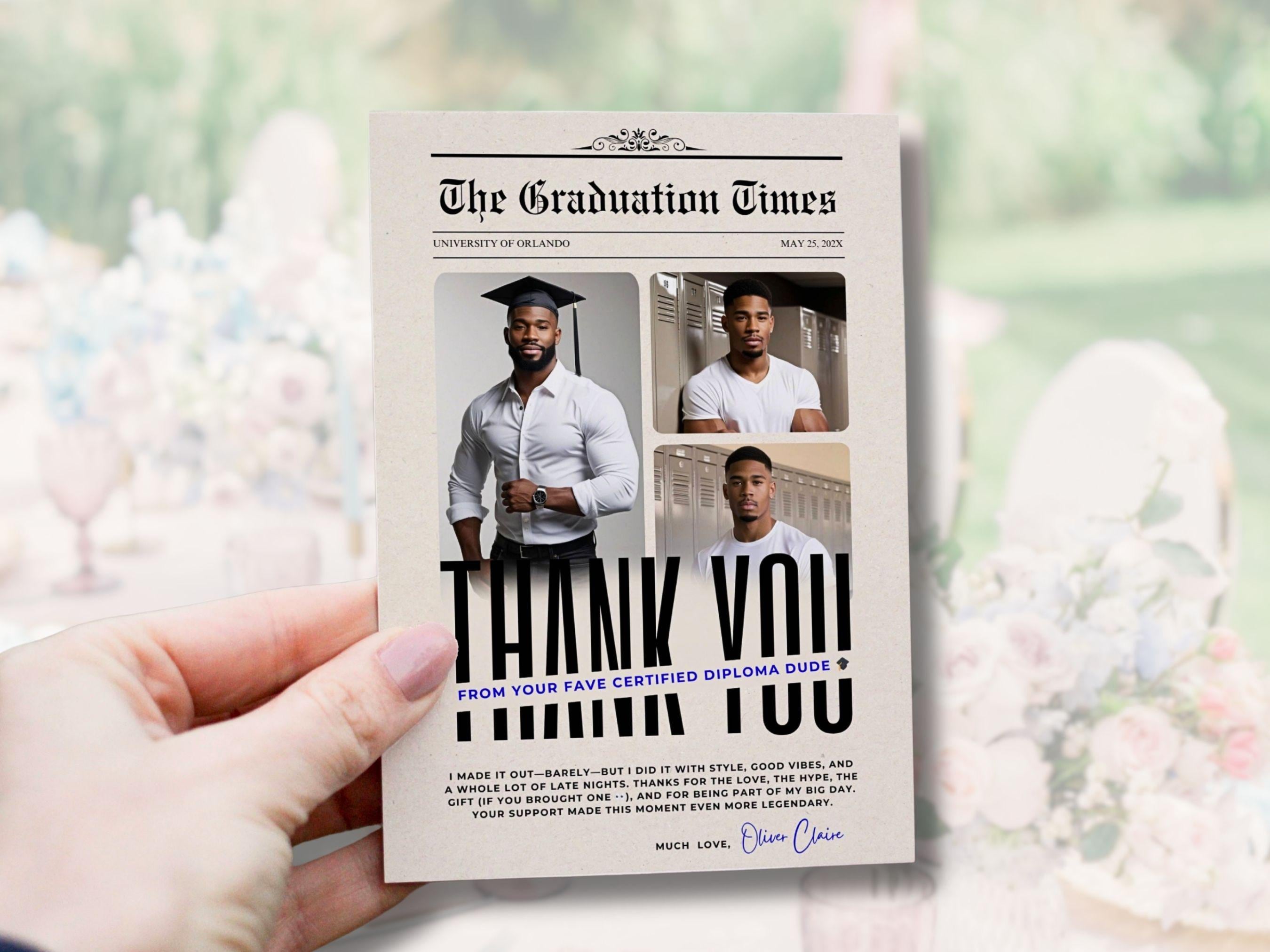 Boy Newspaper Graduation Thank You Card With Photo- Printable Graduate ...