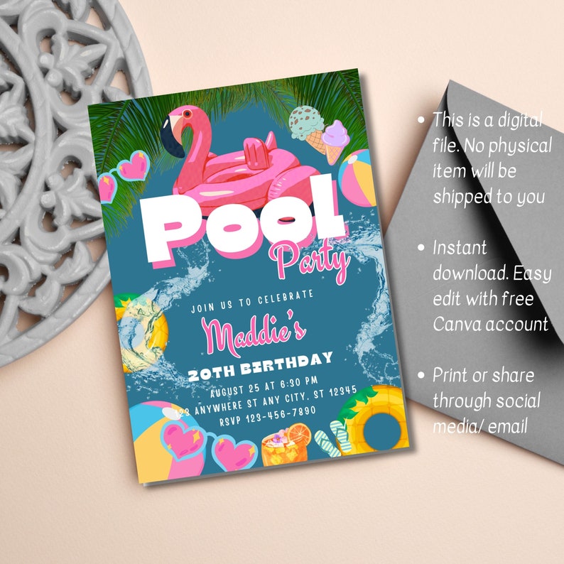 Birthday Poolside Invitation Template Editable Tropical Pool Party Text ...