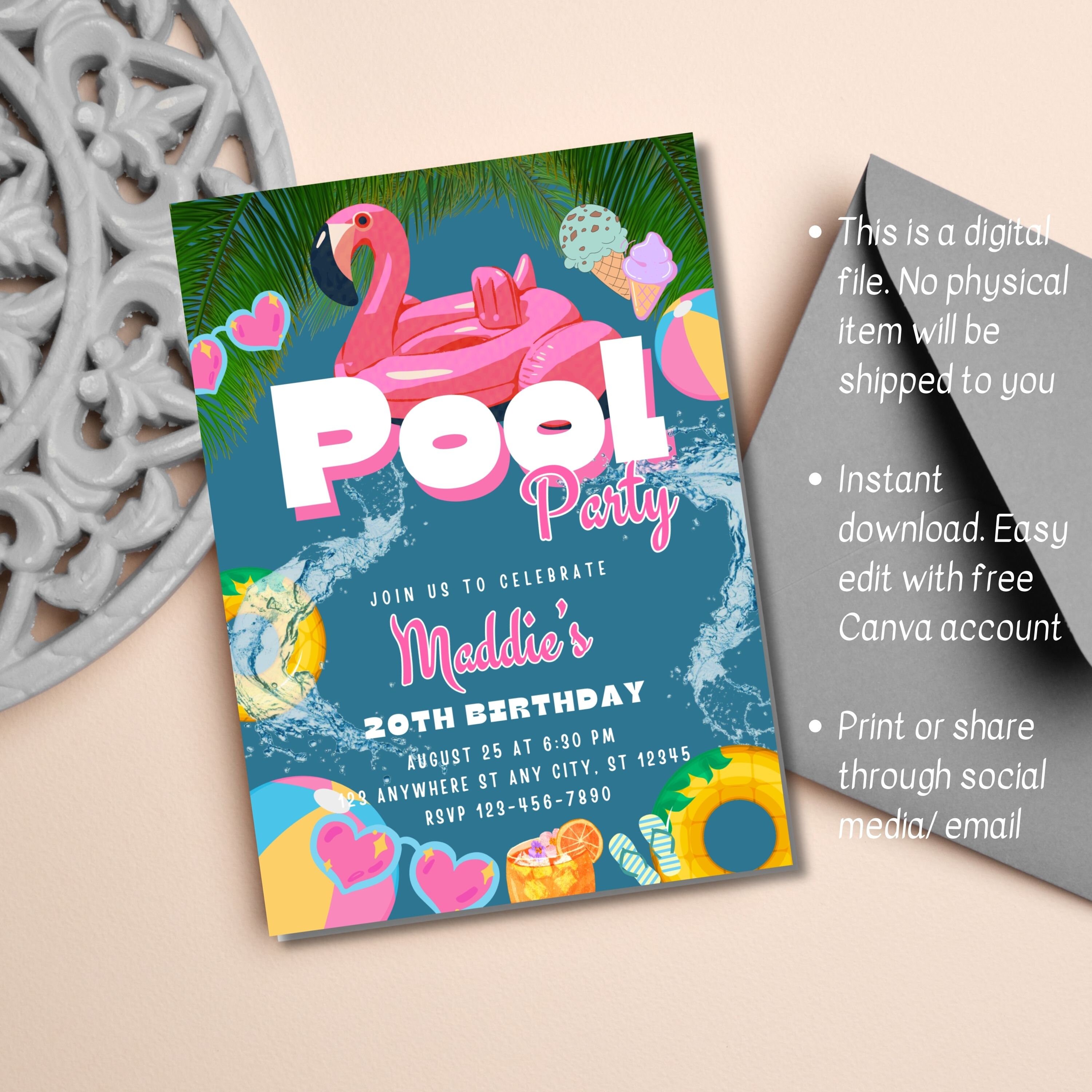 Birthday Poolside Invitation Template Editable Tropical Pool Party Text ...