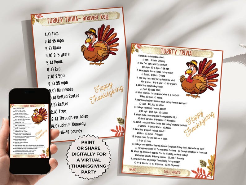 Turkey Trivia Game- Thanksgiving Printable Dinner Table Game, Fall ...