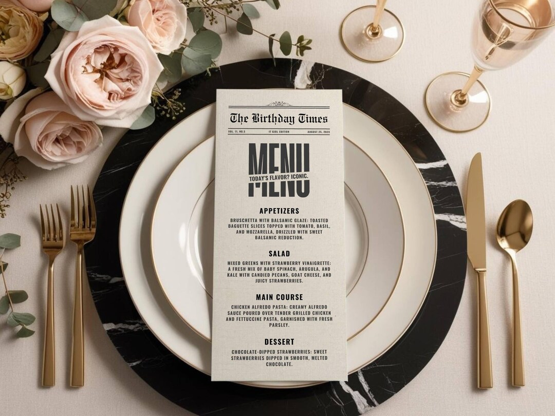 Newspaper Birthday Party Menu Canva Template- Editable Girls Night Food ...