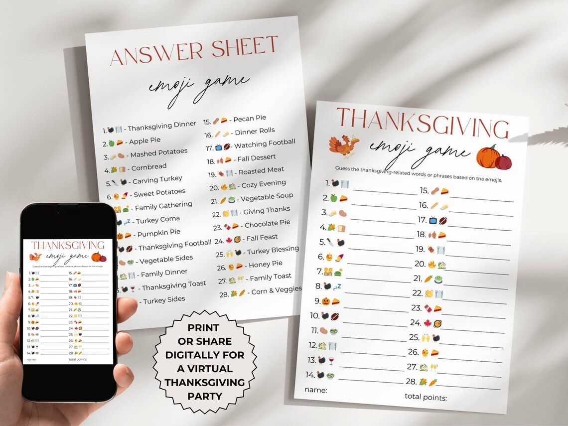 Thanksgiving Emoji Game- Printable Friendsgiving Emoji Guessing Party ...