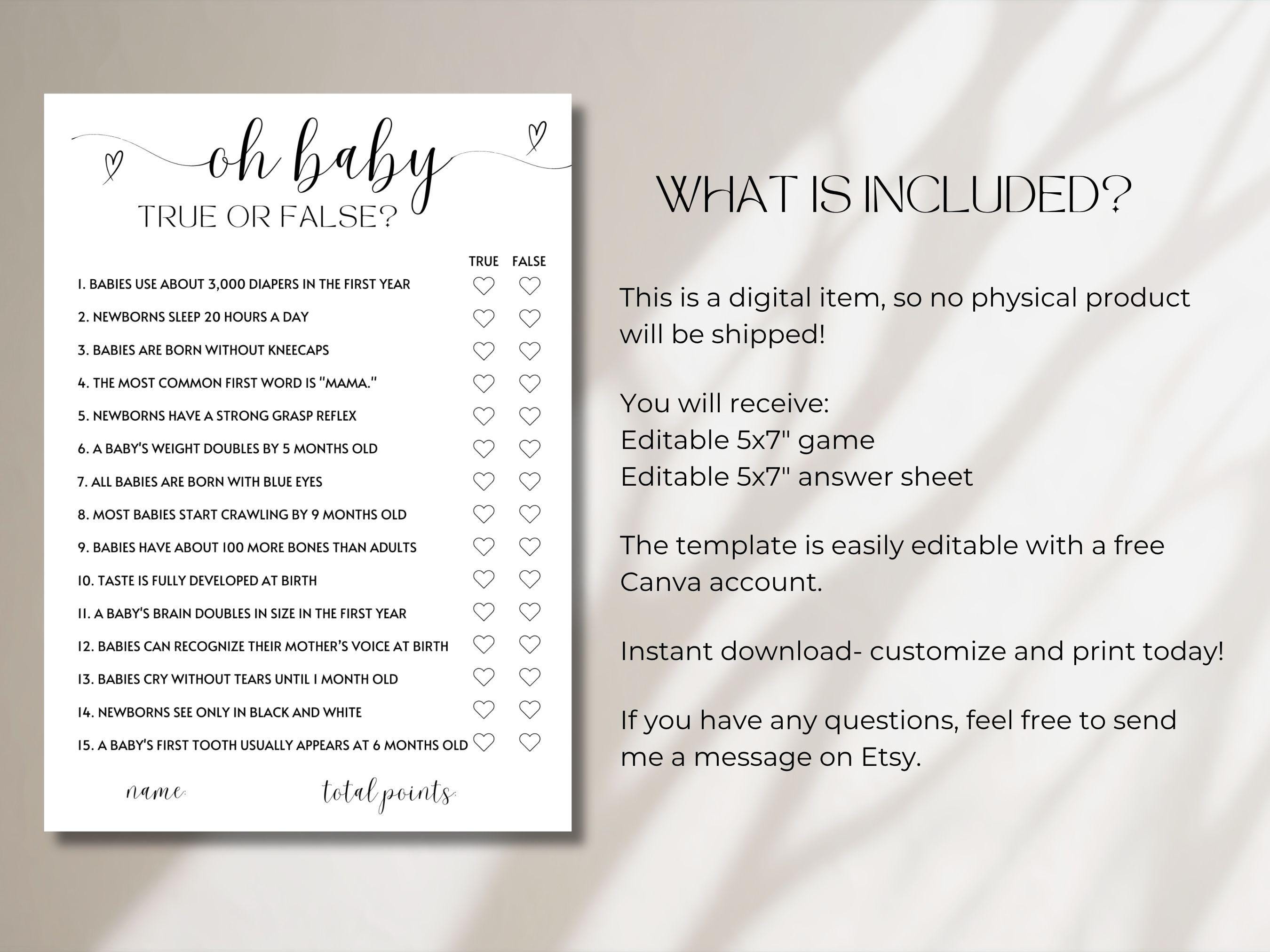 Baby Shower True or False Game- Editable Minimalist Oh Baby Trivia ...