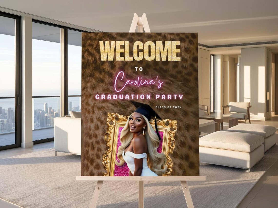 Cheetah Print Graduation Welcome Sign With Photo- Editable Leopard Gold ...