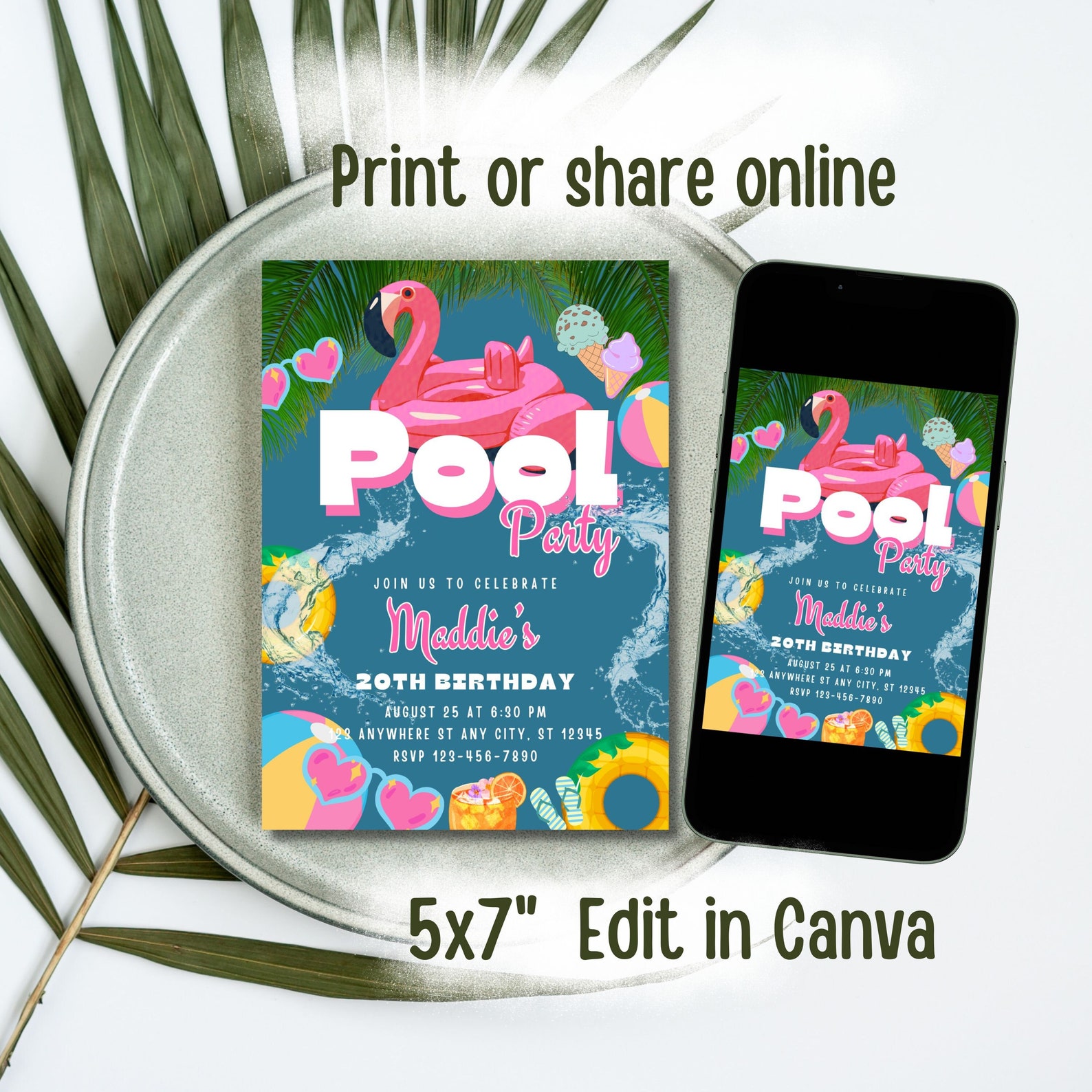 Birthday Poolside Invitation Template Editable Tropical Pool Party Text ...