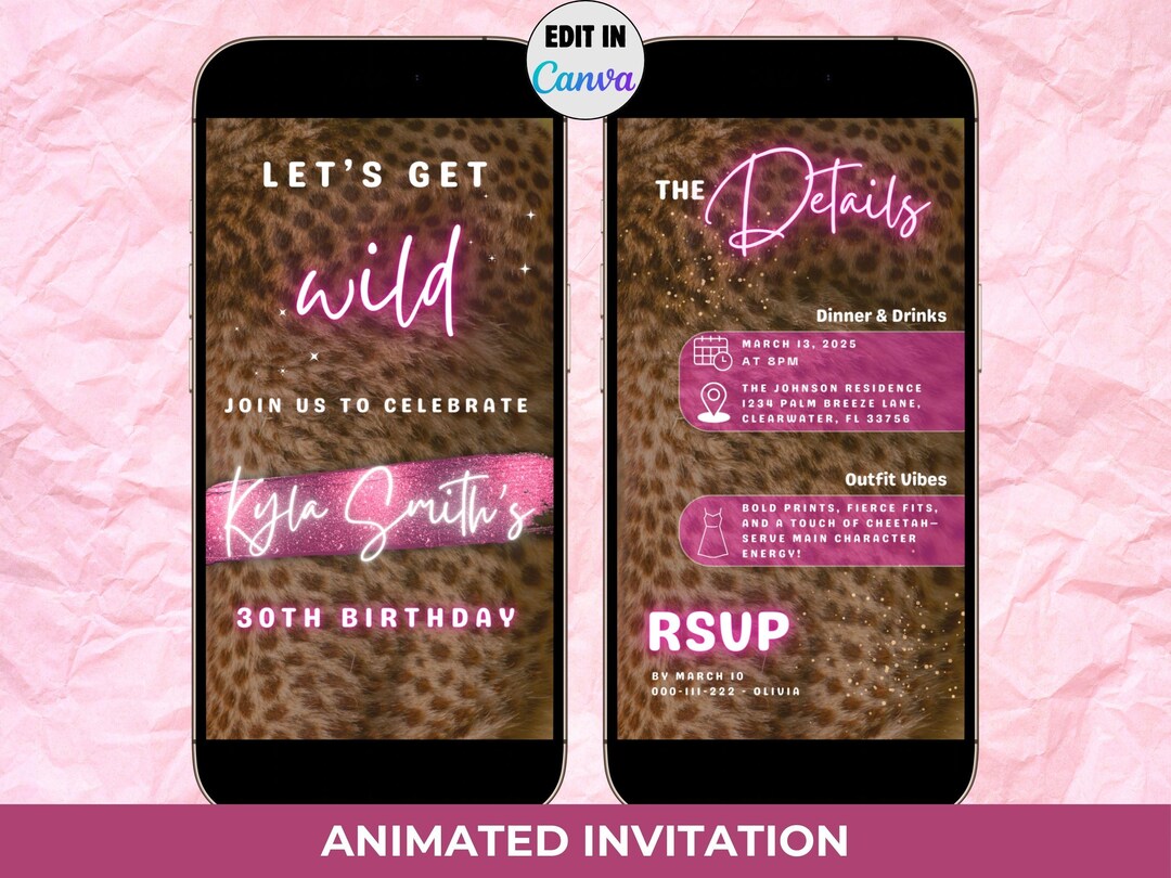 Digital Cheetah Birthday Invitation- Editable Girls Night Party Text ...