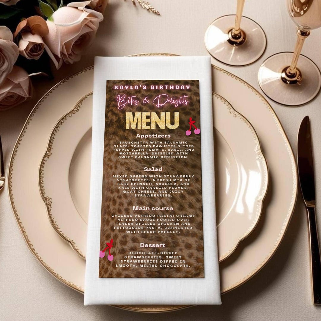 Cheetah Print Menu Template- Editable Leopard Cherry Birthday Food ...