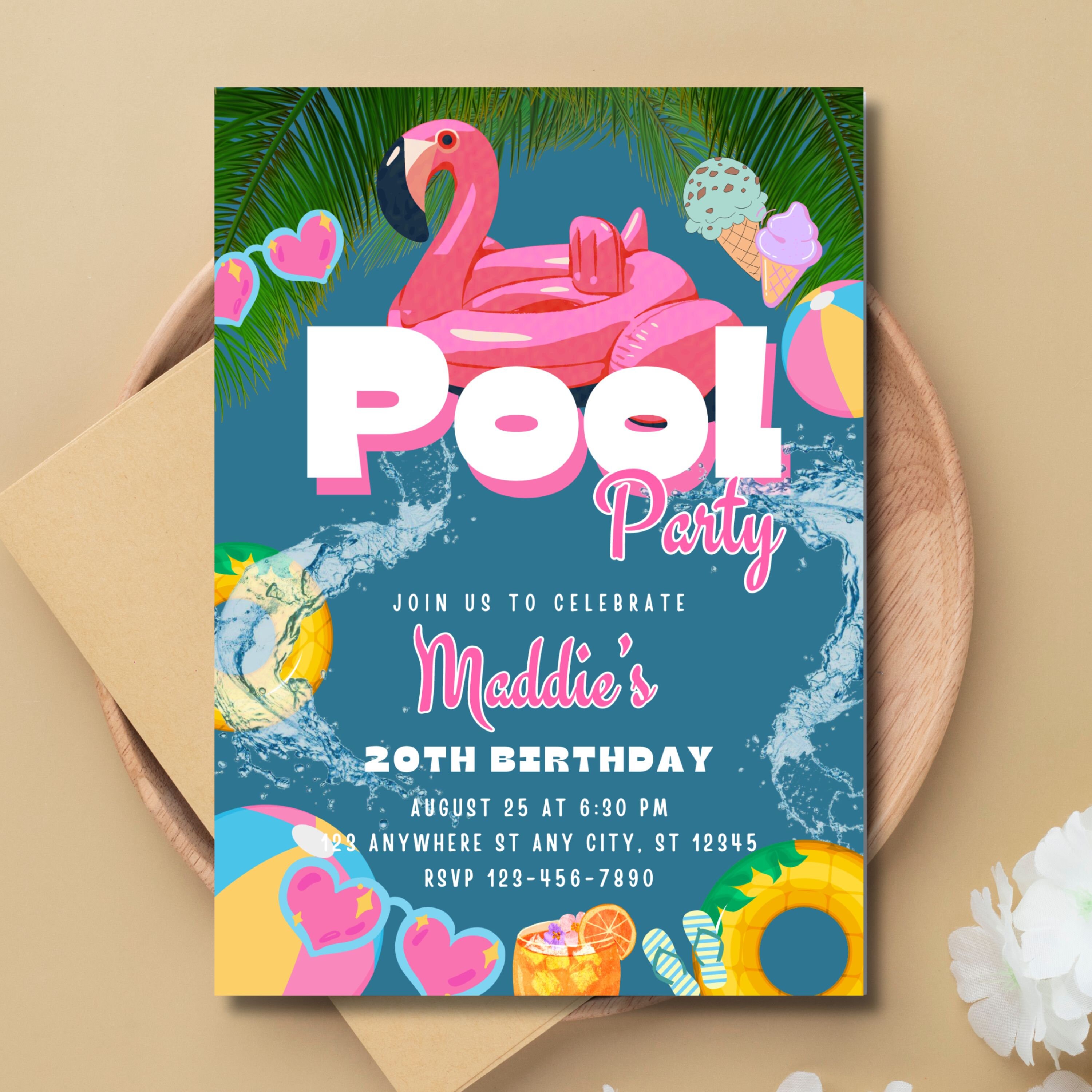 Birthday Poolside Invitation Template Editable Tropical Pool Party Text ...