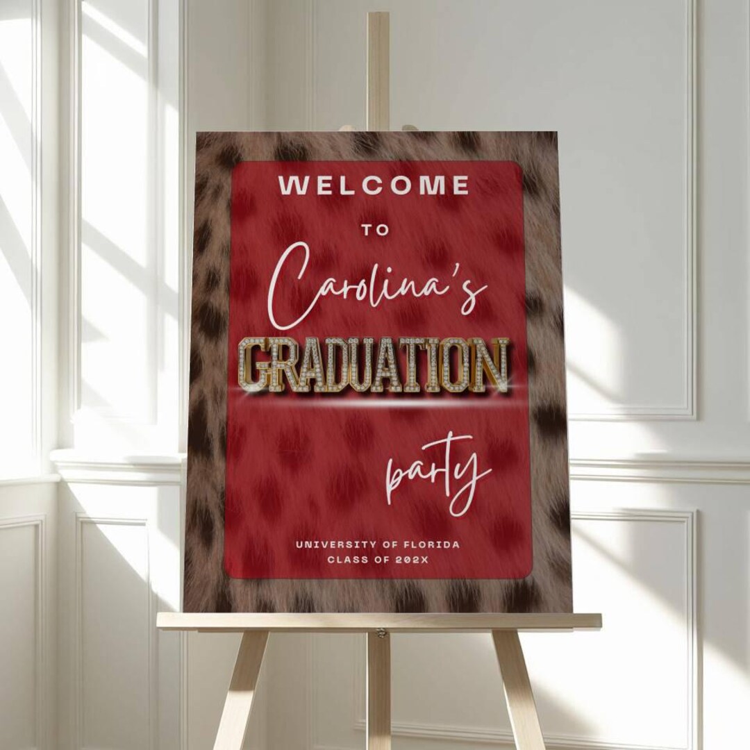 Cheetah Print Graduation Welcome Sign- Editable Leopard Red Board, Grad ...