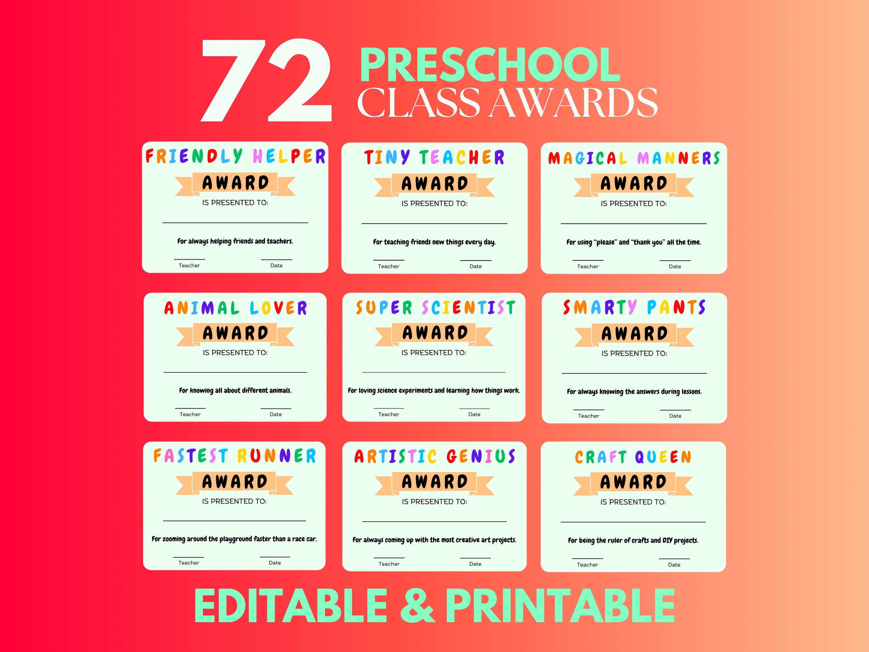 Printable Preschool Awards Certificates Editable Funny Classroom ...