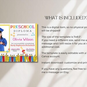 Editable Preschool Diploma With Photo- Printable Kids Graduation ...