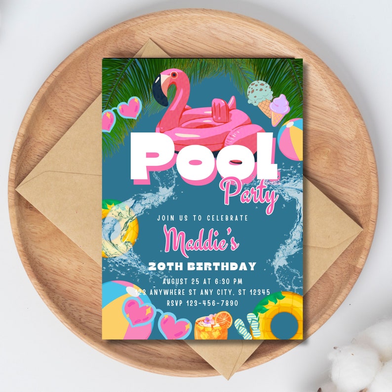 Birthday Poolside Invitation Template Editable Tropical Pool Party Text ...