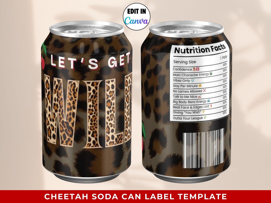 Cheetah Print Soda Can Label Sticker- Editable Leopard Red Cherry Party ...