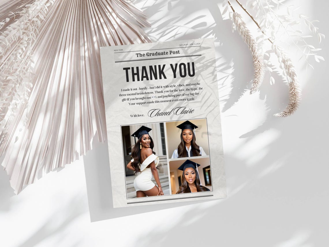 Newspaper Graduation Thank You Card With Photo- Printable Graduate ...