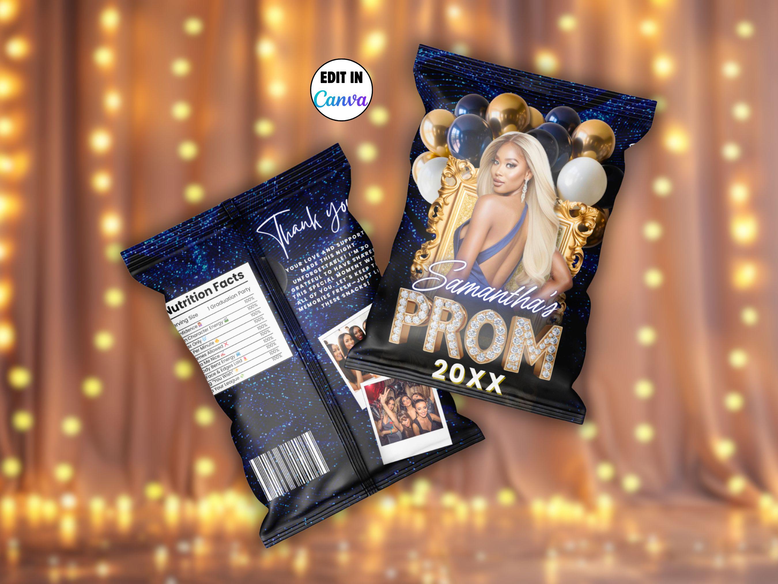 Prom Send off Chip Bag Canva Template- Editable Blue Gold Senior ...