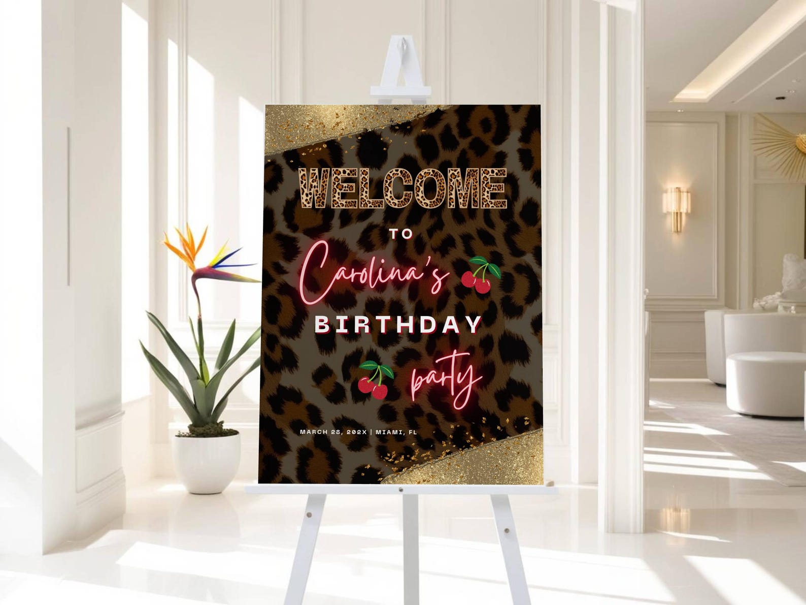 Cheetah Print Birthday Welcome Sign- Editable Leopard Cherry Board ...