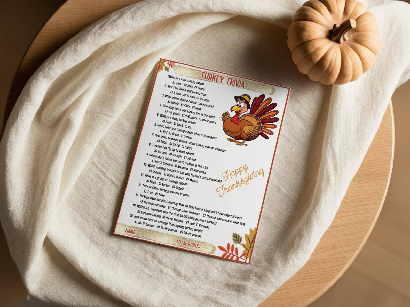 Turkey Trivia Game- Thanksgiving Printable Dinner Table Game, Fall ...