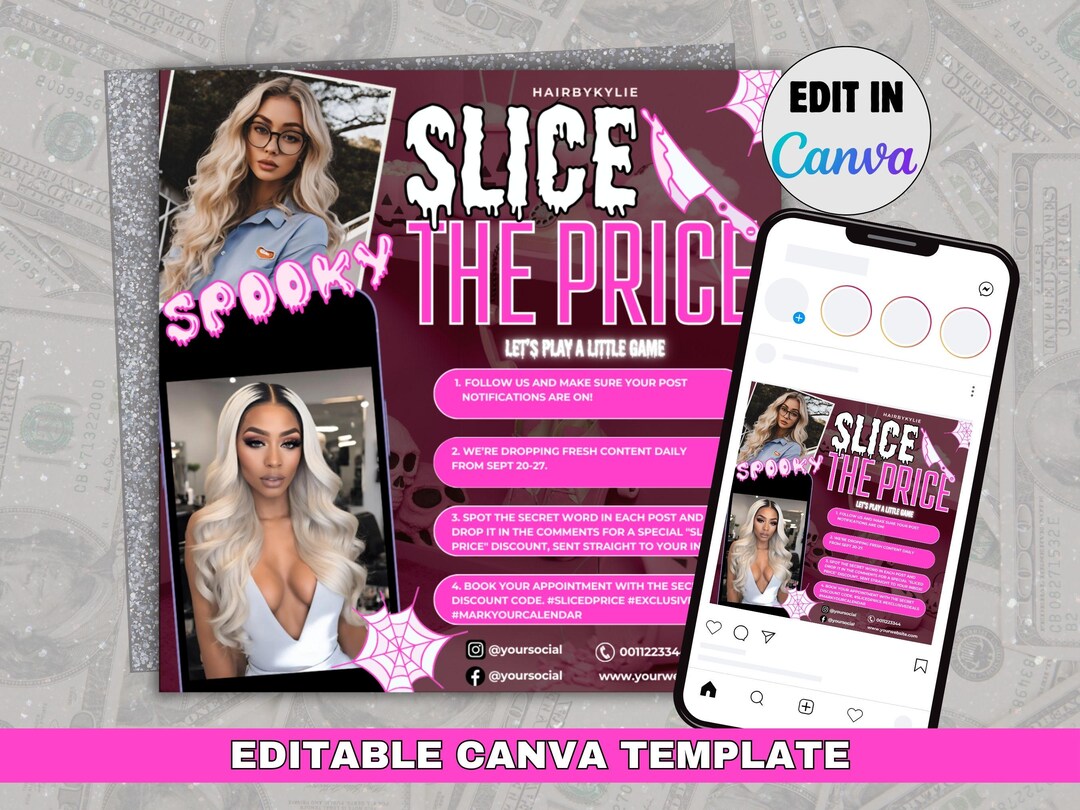 Deal or No Deal Bookings Flyer Canva Template Fall October Slice the Price Hair Braids Nail Lash ...