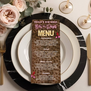Cheetah Print Menu Template- Editable Leopard Cherry Birthday Food ...