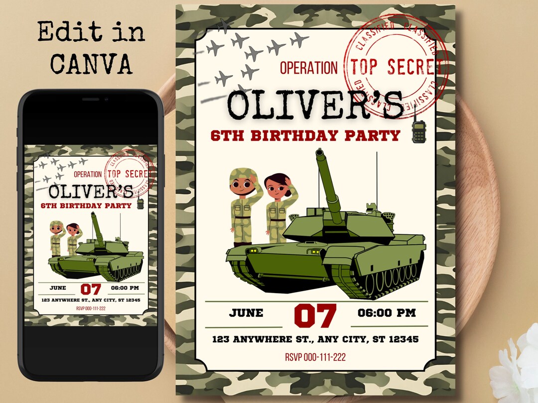 Army Birthday Invitation Template- Editable Digital Military Themed ...