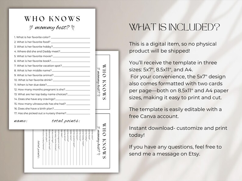 Plantilla del mejor juego para baby shower "Quién conoce a mamá ...