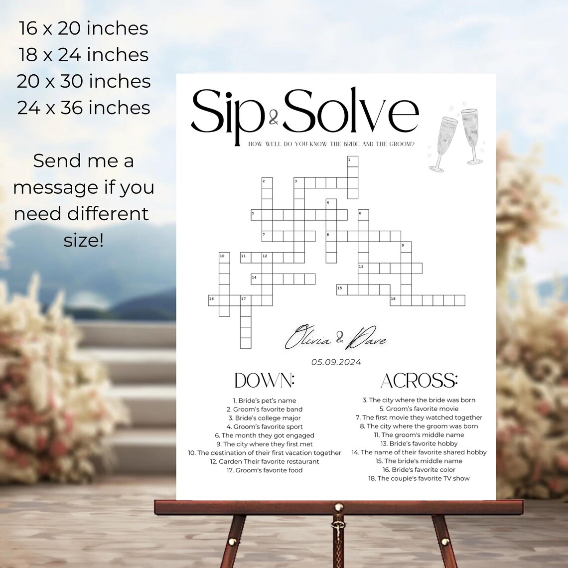 Custom Wedding Crossword Puzzle Sign Minimalist Bridal Sip and Solve ...