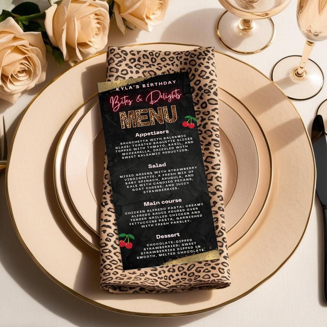 Cheetah Print Menu Template- Editable Leopard Cherry Birthday Food ...