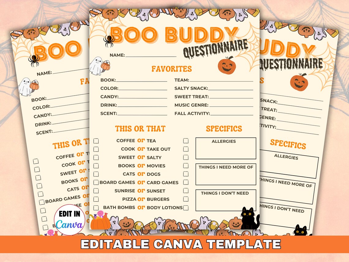 Boo Buddy Questionnaire Printable Editable Halloween Gift Exchange Quiz ...