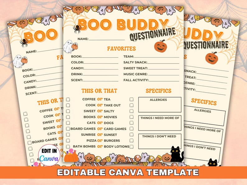Boo Buddy Questionnaire Printable Editable Halloween Gift Exchange Quiz ...