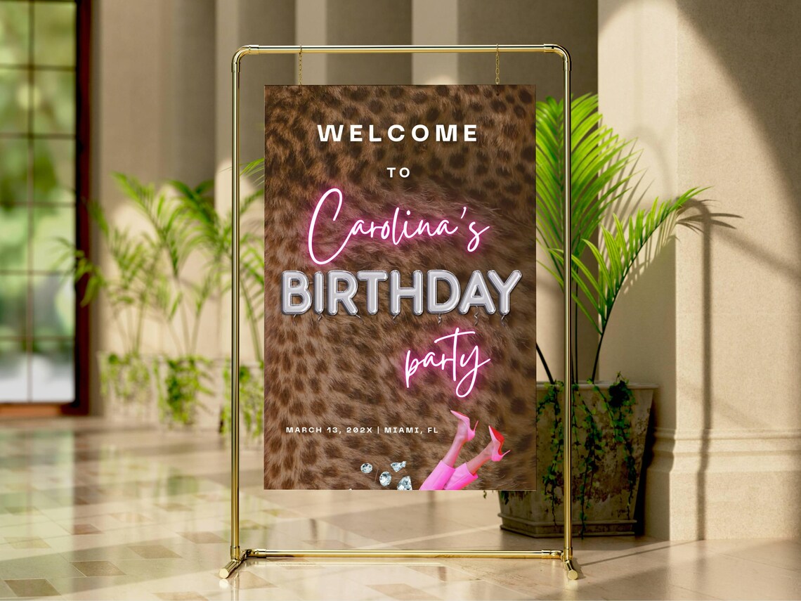 Cheetah Print Birthday Welcome Sign- Editable Leopard Pink Board, Girls ...