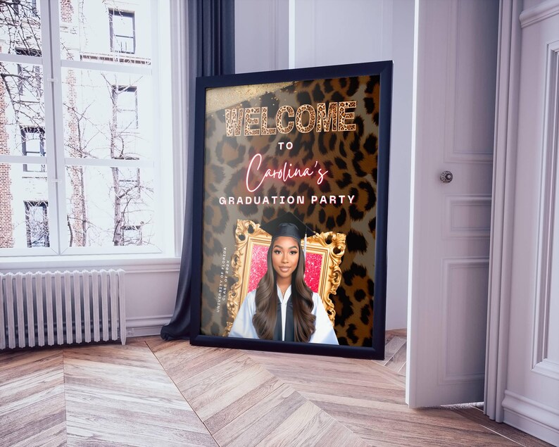 Cheetah Print Graduation Welcome Sign With Photo- Editable Leopard Gold ...