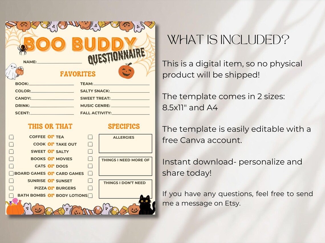 Boo Buddy Questionnaire Printable Editable Halloween Gift Exchange Quiz ...