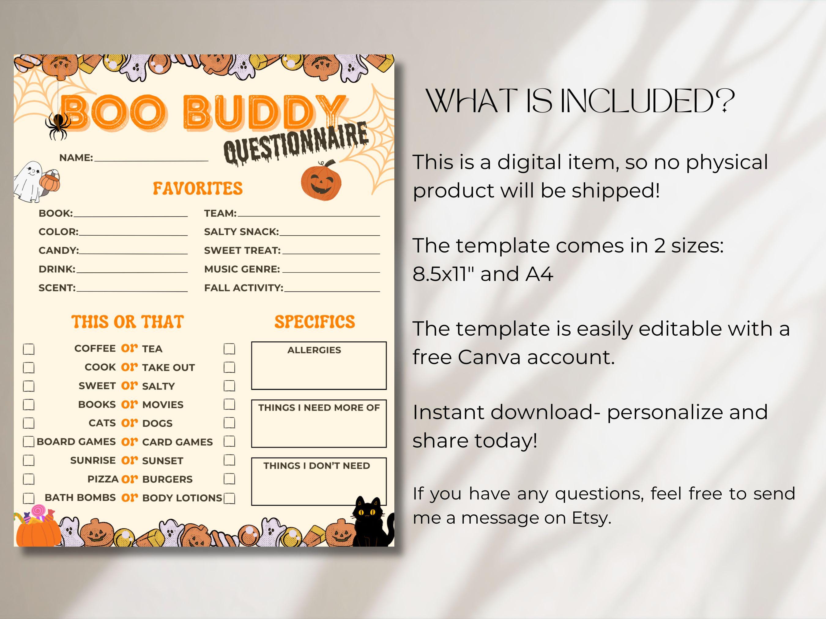 Boo Buddy Questionnaire Printable Editable Halloween Gift Exchange Quiz ...