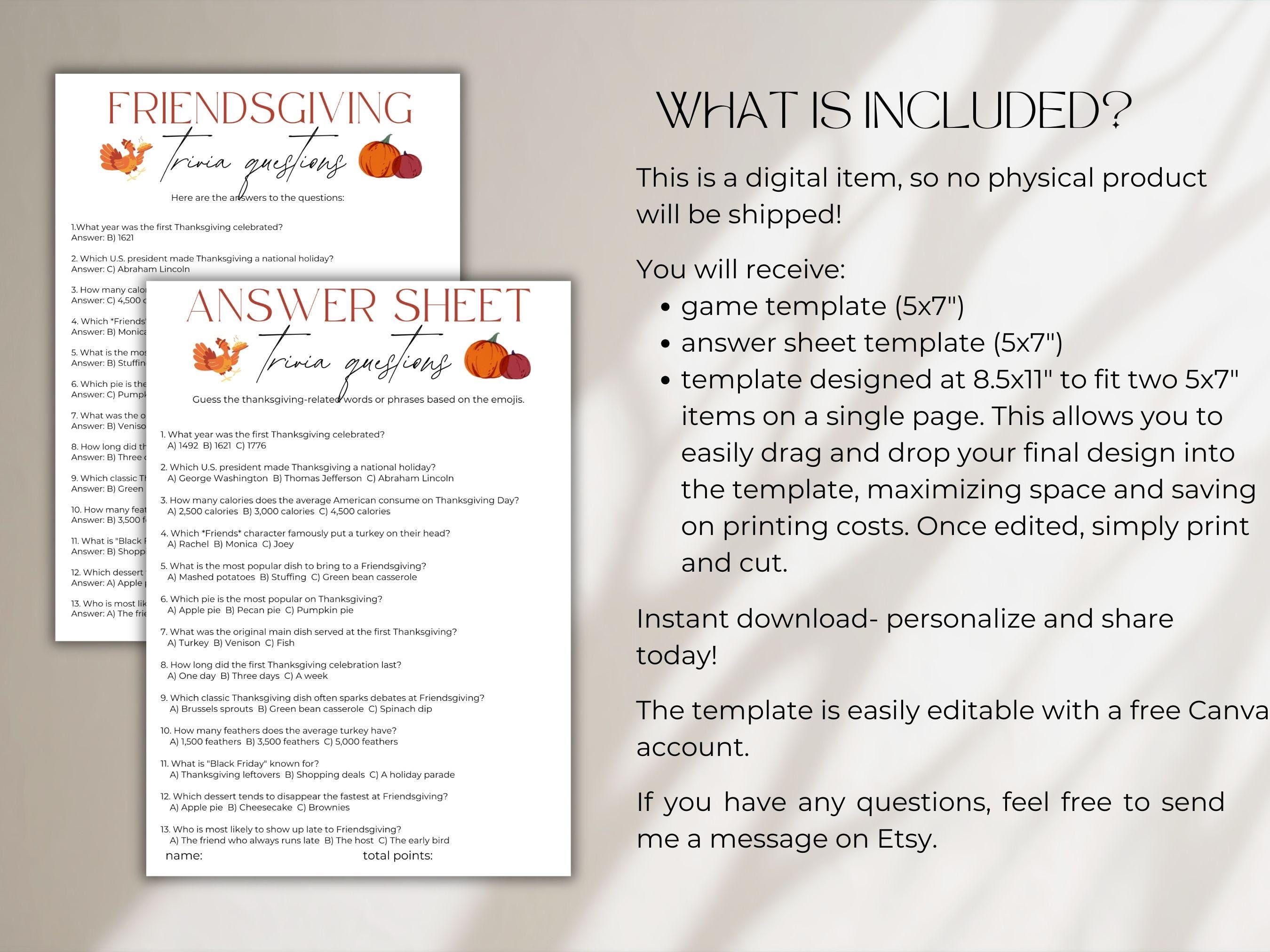 Friendsgiving Trivia Game- Printable Thanksgiving Dinner Table ...