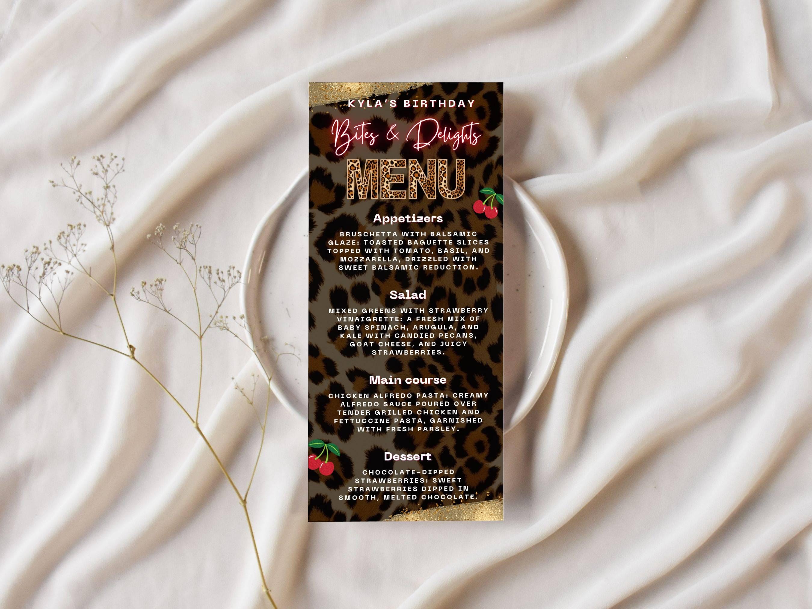 Cheetah Print Menu Template- Editable Leopard Cherry Birthday Food ...