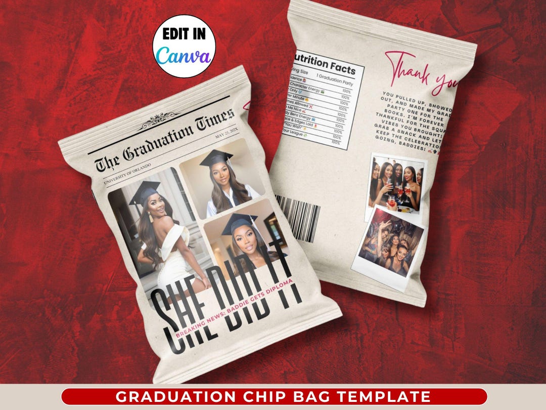 Newspaper Graduation Chip Bag- Editable Senior Graduate Party Decor ...
