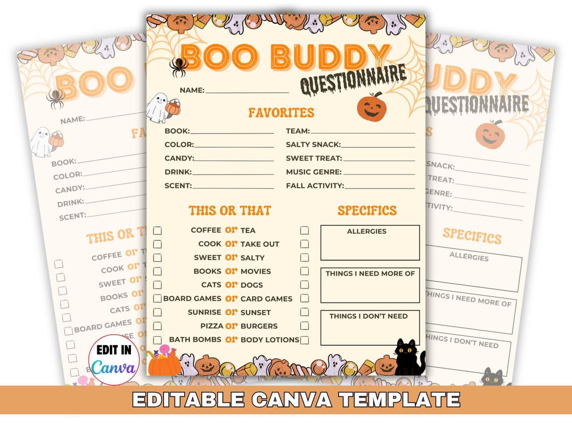 Boo Buddy Questionnaire Printable Editable Halloween Gift Exchange Quiz ...