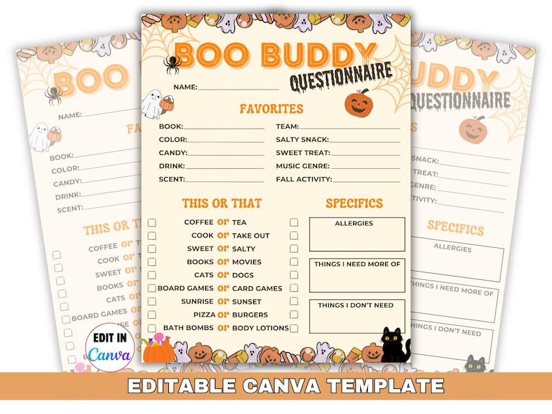 Boo Buddy Questionnaire Printable- Editable Halloween Gift Exchange ...