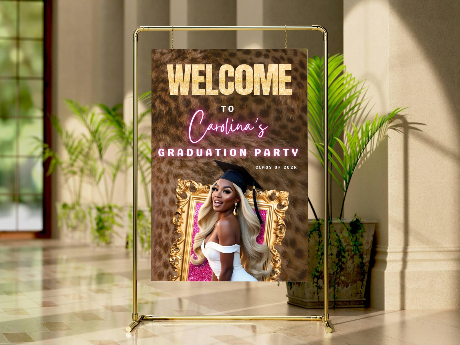 Cheetah Print Graduation Welcome Sign With Photo- Editable Leopard Gold ...