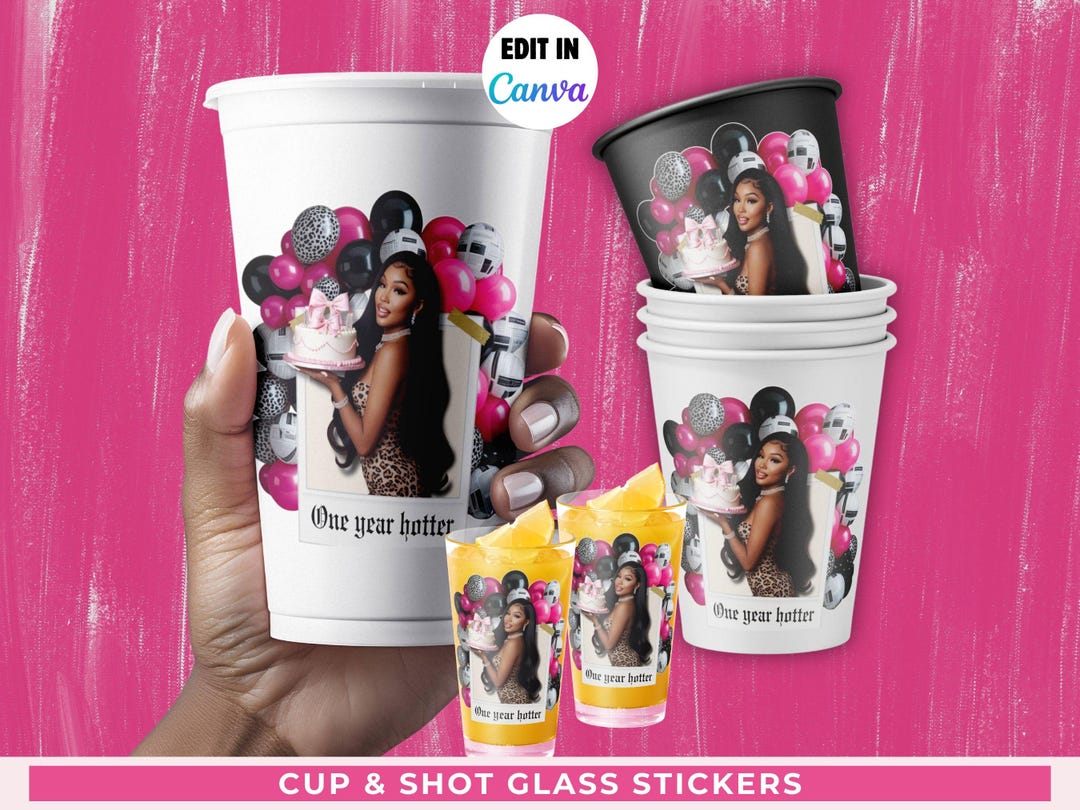 Newspaper Theme Cup and Shot Glass Stickers- Editable Leopard Birthday ...