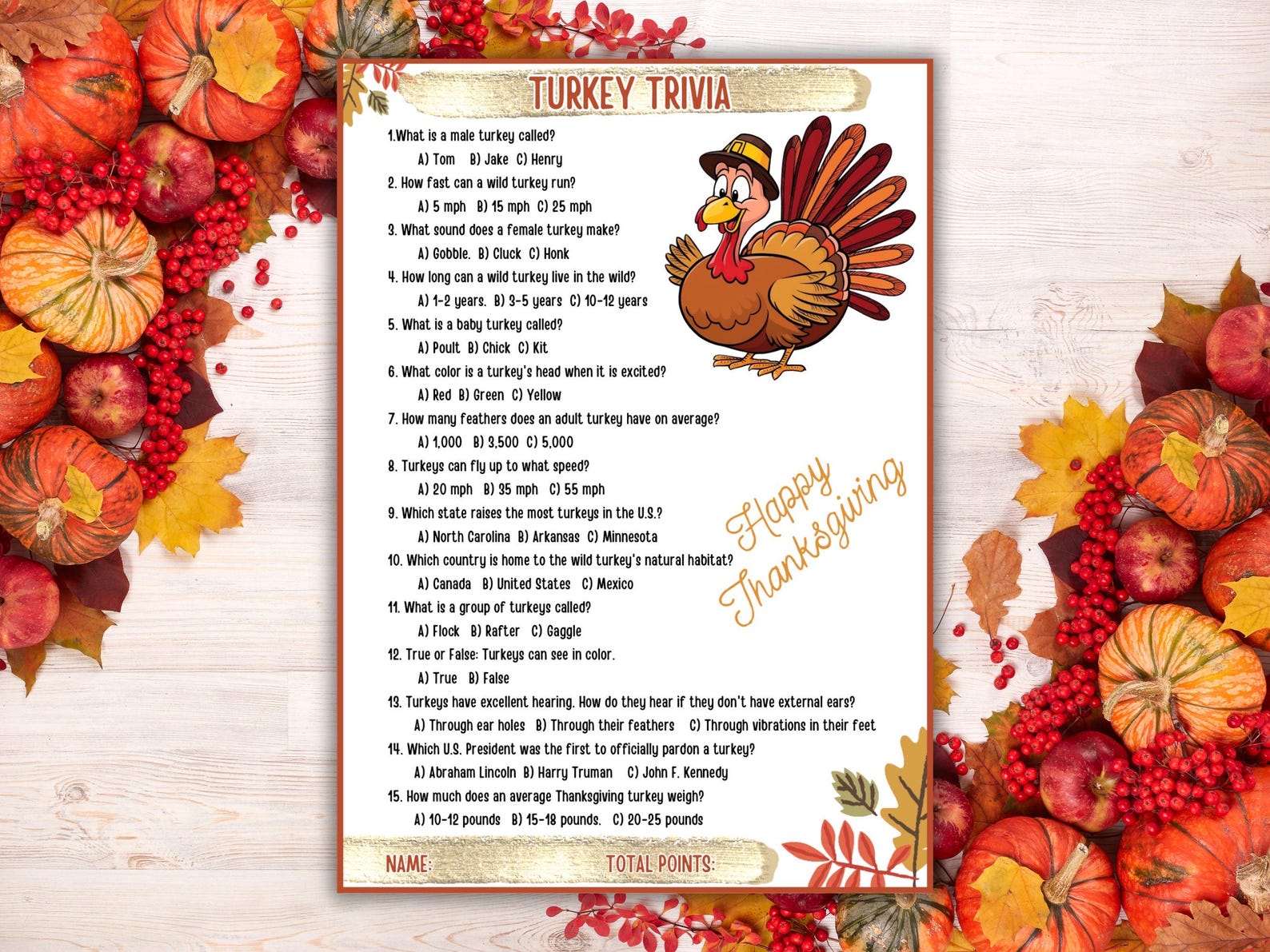 Turkey Trivia Game- Thanksgiving Printable Dinner Table Game, Fall ...