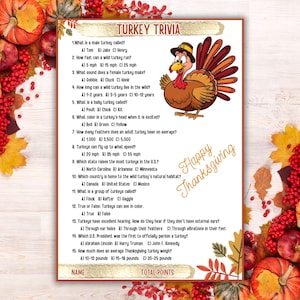 Turkey Trivia Game- Thanksgiving Printable Dinner Table Game, Fall ...