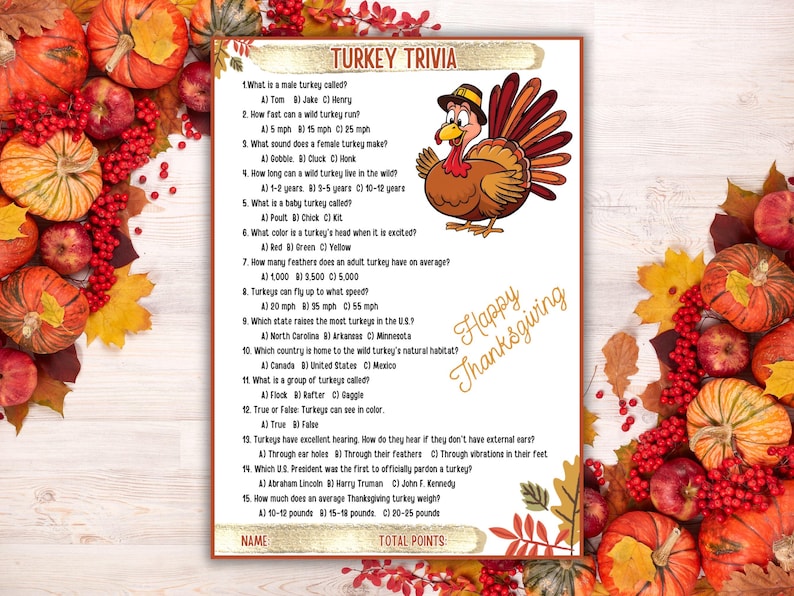 Turkey Trivia Game- Thanksgiving Printable Dinner Table Game, Fall ...